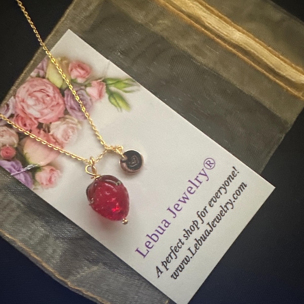 Gold Strawberry Necklace, Handmade Lampwork Charm, Personalized Initial ...