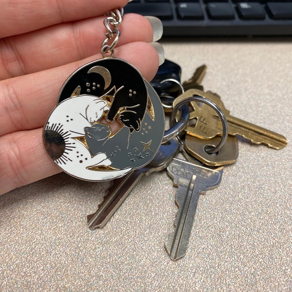 Trio of Cats Keychain Black Cat Keychain Celestial Keychain Sleeping ...