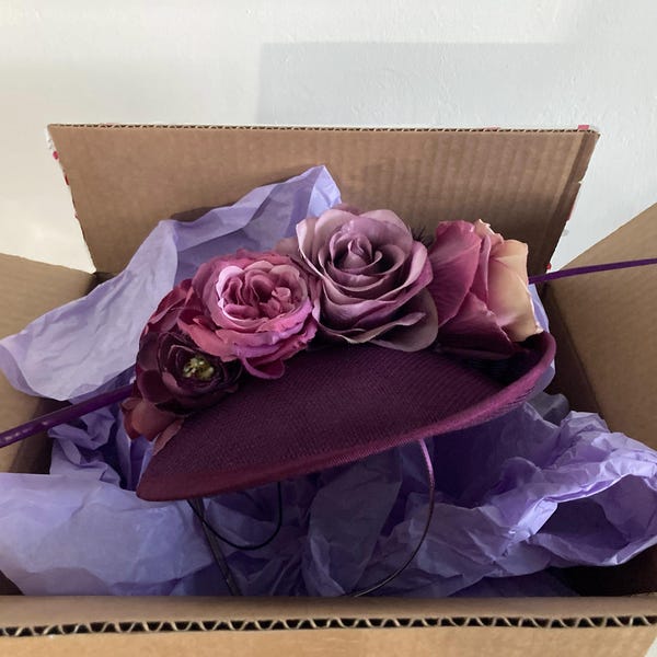 Plum Purple Feather Flower Disc Saucer Hat Fascinator Grape Aubergine ...