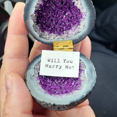 Purple Glass Crystal Engagement Ring Box , Handmade Glass Crystal Druzy ...