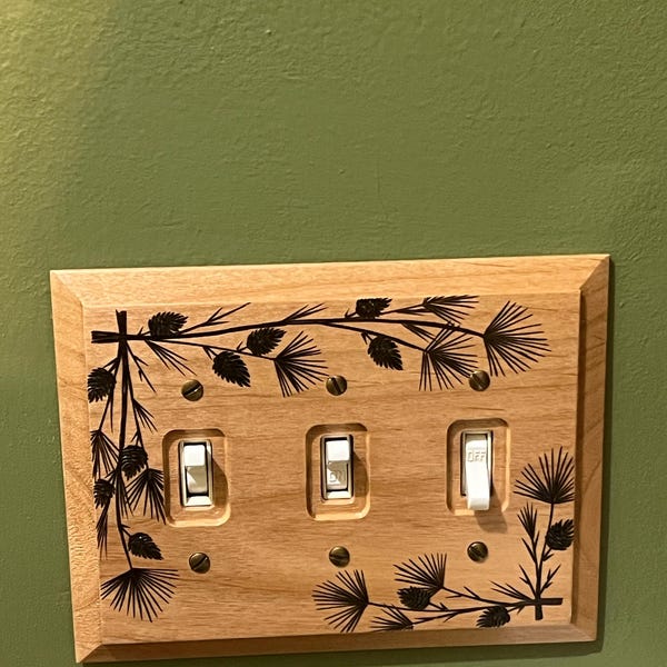 Wooden Triple Light Switch Cover With Wood Burned Pine and Cones - Etsy