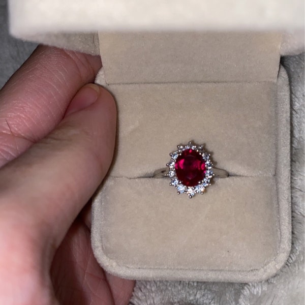 2ct Halo Ruby Ring/oval Cut Ruby Engagement Ring/ Sterling Silver ...