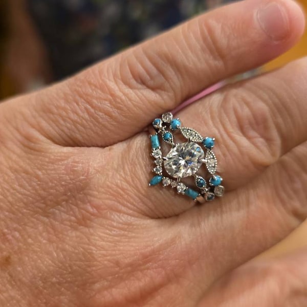Vintage Oval Moissanite Engagement Ring Set Turquoise Wedding Ring ...