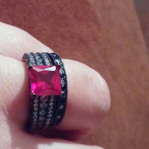 Black Engagement Ring Set Princess Cut CZ Pink Sapphire Wedding Promise ...