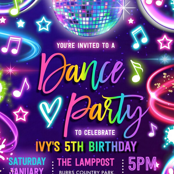 Editable Dance Party Invitation Neon Glow Dance Party Invitation Neon ...