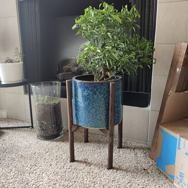 Ceramic Pot With Wood Plant Stand - 10 Inch Indoor Peacock Pot - Large ...