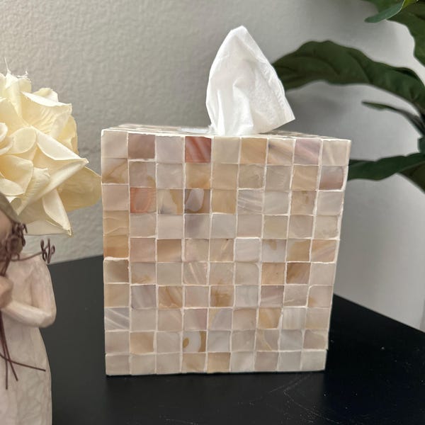 White Mother of Pearl Inlay Black Tissue Box, Square Cube Tissue Holder ...