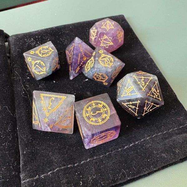 Purple Crystal DND Dice Set – Handmade Engraved/carving Amethyst for ...