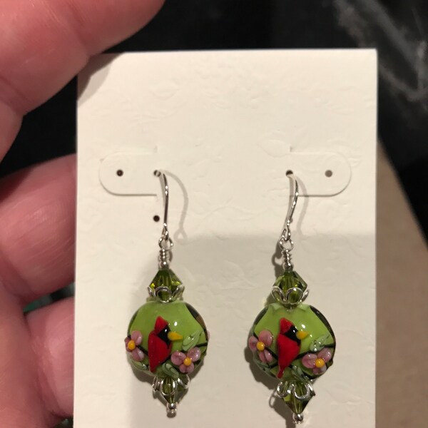 Artisan Lampwork Cardinal Bird and Crystal Earrings (green) - Item ...