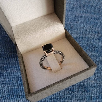 Black Engagement Ring, Square Black Natural Diamond, Three Sided Band ...