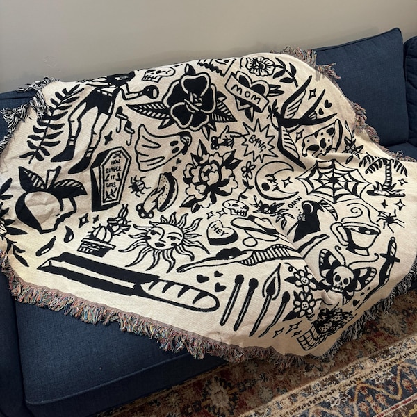 Traditional Tattoo Blanket Woven Throw Blanket Tattoo Tapestry Wall ...