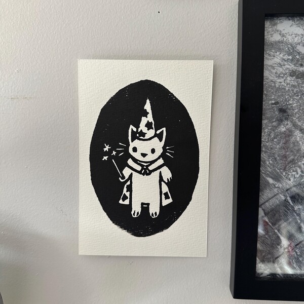 Magical Wizard Cat Linocut Block Print | 4 X 6 Mini Print | Printmaking ...