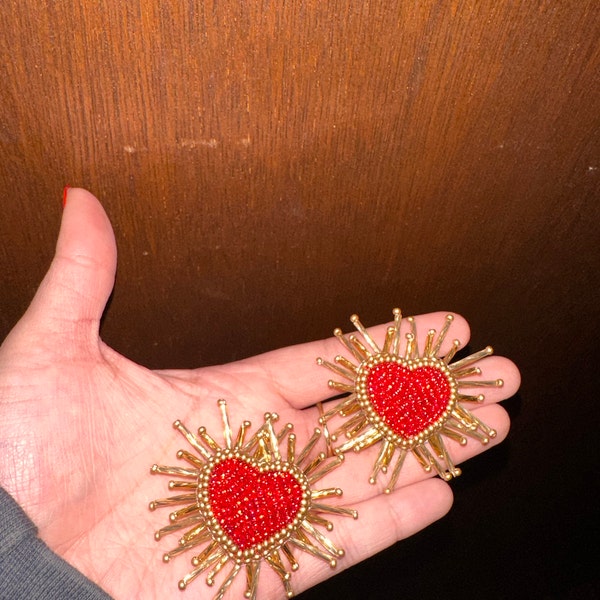 Red Volume Beaded Heart Earrings Radiant Beaded Heart Earrings Sparkle ...