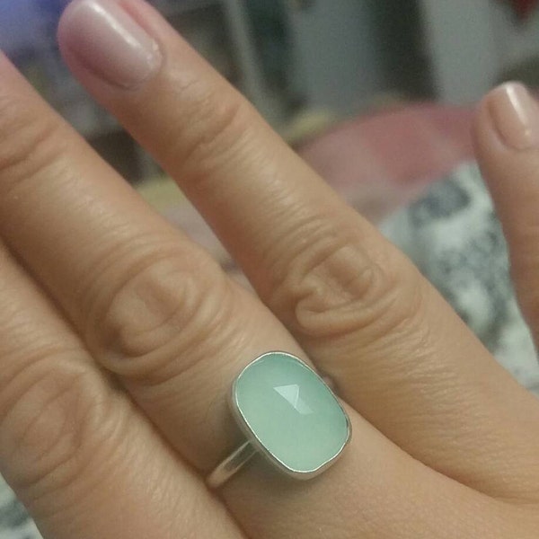 Elegant Rectangle Cushion Cut Aqua Blue Chalcedony Boho Ring Sterling Silver Statement Ring ...