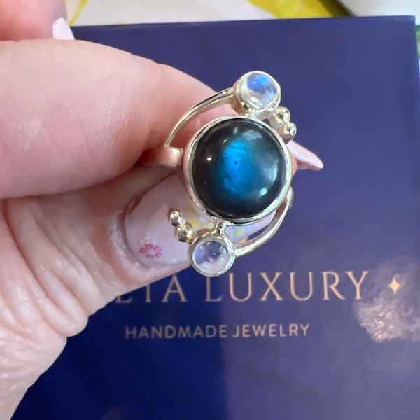 Natural Moonstone and Labradorite Ring , Blue Flashy Two Gemstone Ring ...
