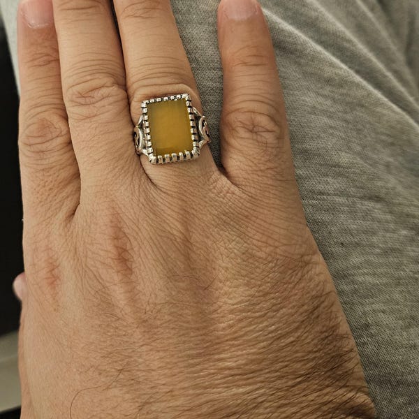 Real Sharaf Al Shams Yellow Aqeeq Agate 925 Silver Mount Shia Ring ...
