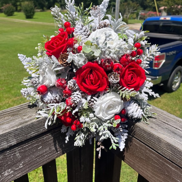 Christmas Wedding Bouquet in Red and White, With Pinecones, and Flocked ...