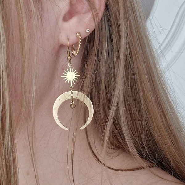 Round Celestial Gold Moon Earrings, Phases of the Moon Boho Jewellery ...
