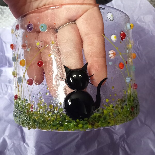 Tea Light-candle Display-hedgehog and Flowers-glass Plaque-fused Glass ...