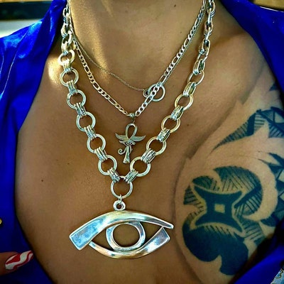 Silver Large Evil Eye Protection Necklace, Antique Silver Chunky Chain ...