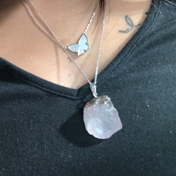 Raw Rose Quartz Necklace Misty Rose Quartz Pendant Rose Quartz Crystal ...