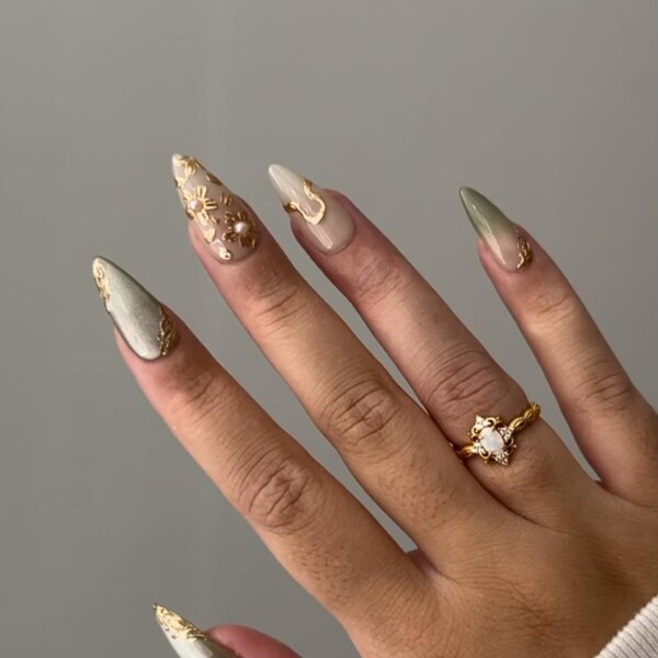 FREYA Y2K Graffiti Press on Nails Lily Pad Nails Abstract Green Ombre ...