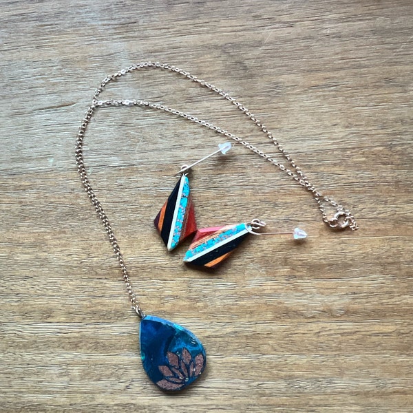Copper Inlay Lotus Flower Blue Wood Pendant With 14k Rose Gold Chain - Etsy