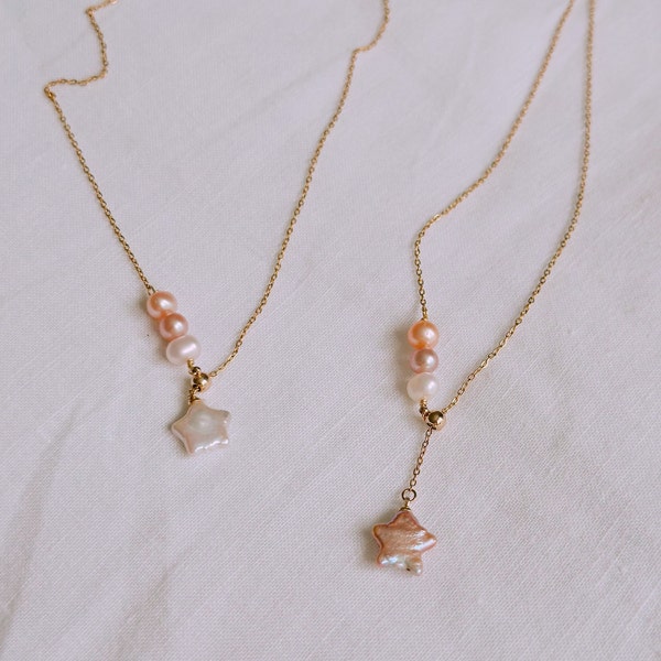 18k Lariat Pink Pearl Star Necklace, Y Necklace With Freshwater Star ...