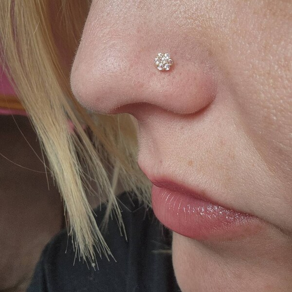 14k Solid Gold Nose Stud, Solid Gold Nose Ring, Flower Nose Stud, White ...