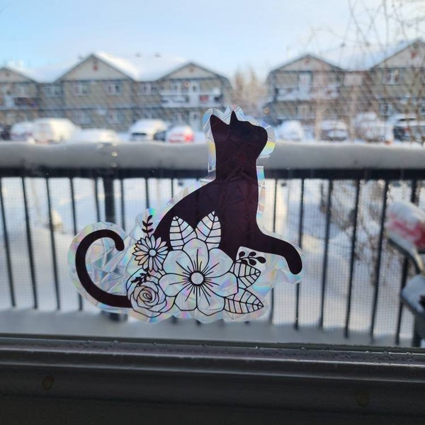 Floral Cat Suncatcher - Window Decal, Sticker, Rainbows, Cats, Pets ...