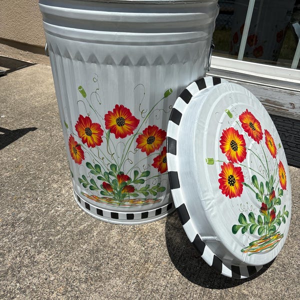 Hand Painted Trash/garbage Can - 30 Gallon - Bright White With ...