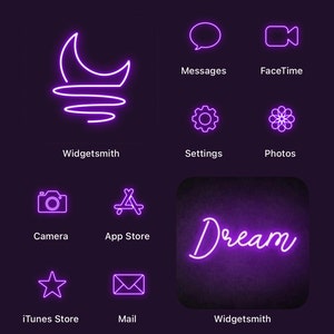 Purple Neon App Icons, Neon Aesthetic Ios 14 Icons, iPhone Icon Pack ...