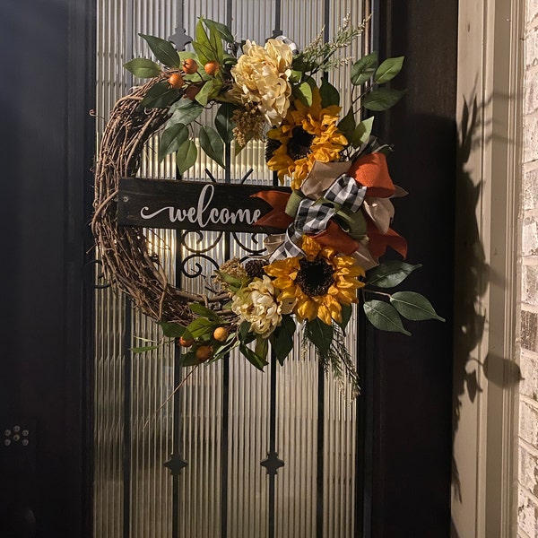 Fall Sunflower Welcome Wreath, Fall Wreath, Fall Farmhouse Wreath, Fall ...