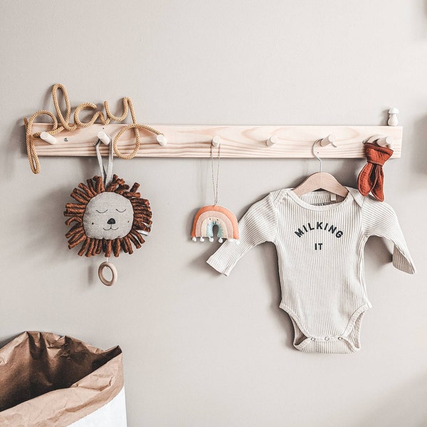 Wooden 7 Pegs Rack, Slanted Hooks, Wall Coat Rack, Wooden Toddler Room ...