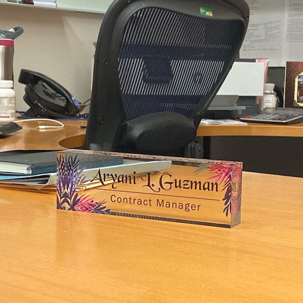 Personalized Name Plate for Desk | Leaf Purple Design on Clear Acrylic ...