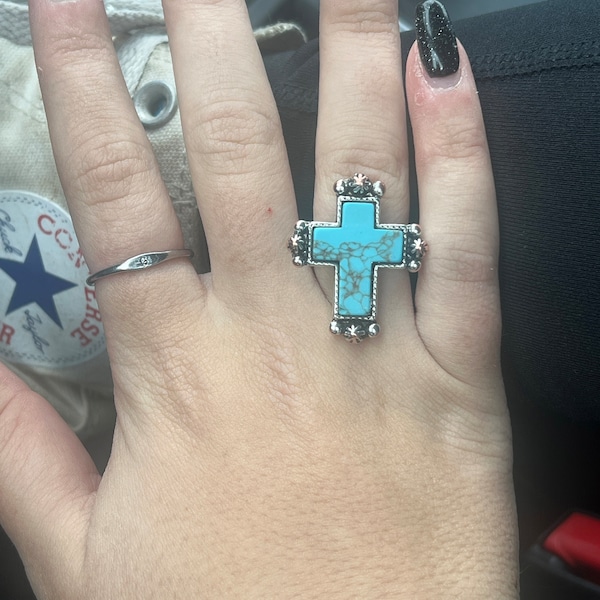 WESTERN CROSS RING | Turquoise Stone | Cowhide | Cow Print Western ...