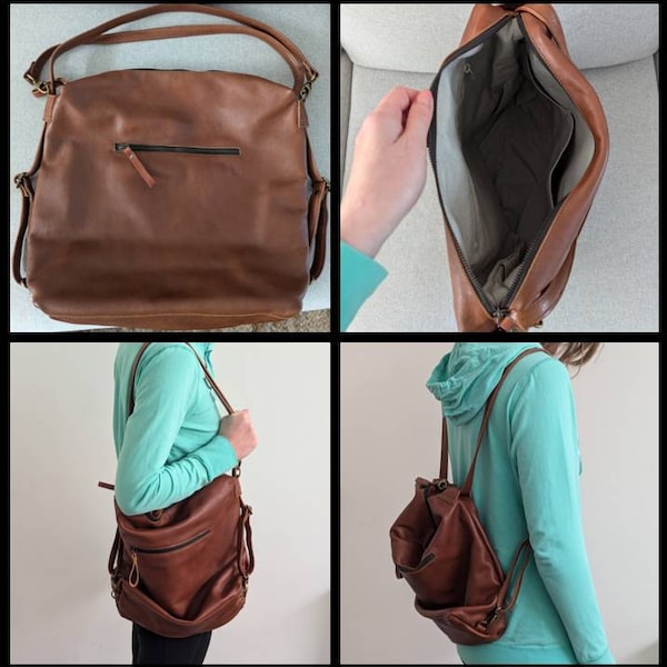 Small COGNAC / TAN Crossbody Leather Bag With Outside Pocket and Zipper ...