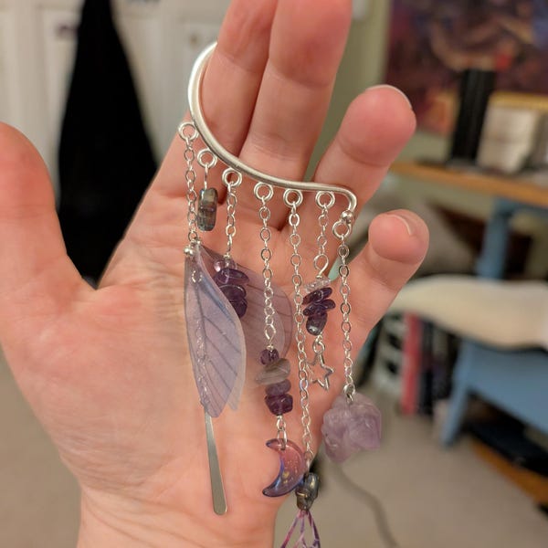 Luna Raven Ear Cuff With Purple Quartz Crystal, Bird Skull Ear Cuff ...