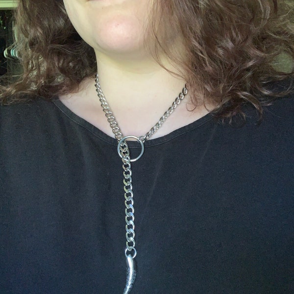 Silver Heavy Metal Steel Lariat Necklace With Steel Tusk Pendant - Goth ...