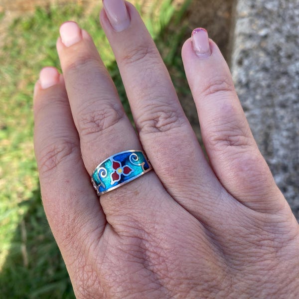 Georgian Cloisonne Enamel Ring Artisan Silver Jewelry Green and Yellow ...