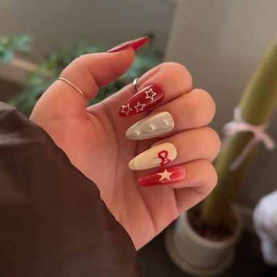 Y2k Nail Set With Elegant Motifs Y2k-inspired Press on Nails Red and ...