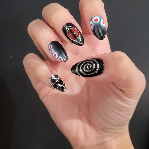 Custom Red Eye Press on Nails: Gothic Skeleton Y2K Black Fake Nails - Etsy