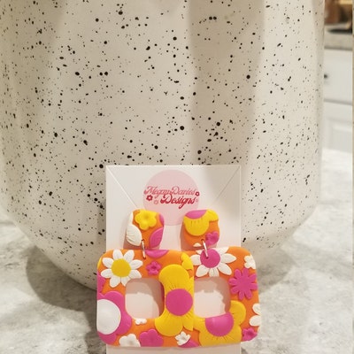 Retro Orange and White Print Slanted Rectangle Dangle Polymer Clay ...