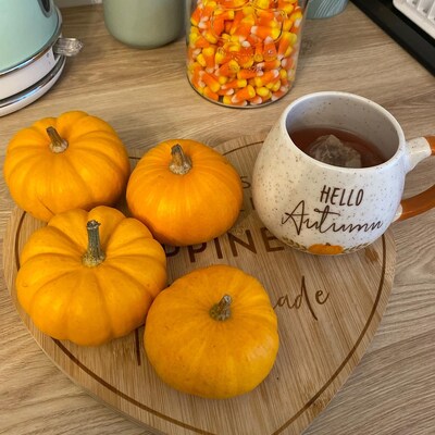 Hello Autumn Fall Orange Halloween Pumpkin Leaves Round Tea Coffee Mug ...