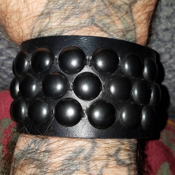 Dome Studded Leather Cuff - 3 Row - Handmade Steel Black Silver Solid ...