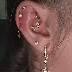 14K Solid Gold Dangle Charm Hoop Earring Dainty Drop Earring Dangle ...