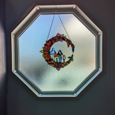 Whimsical Stained Glass Crescent Moon With Mushrooms, Flowers, Feathers ...