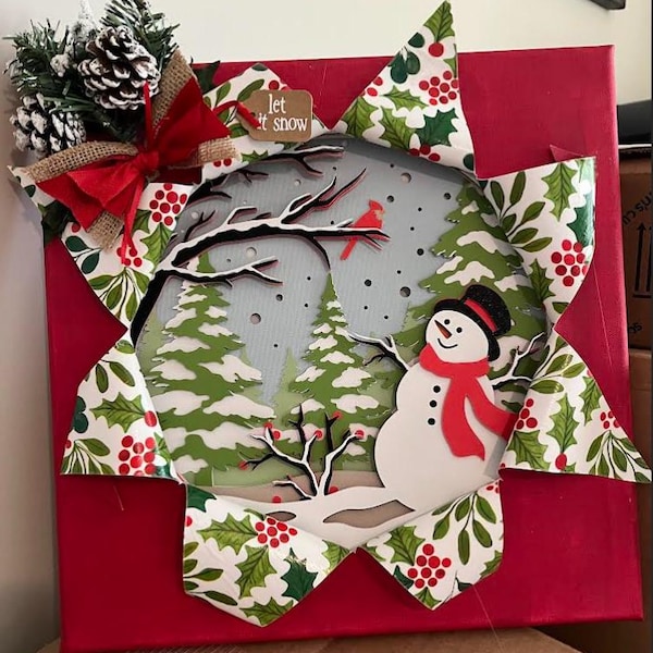 Snowman and Cardinals Shadow Box Svg, Snowman Paper Cut Light Box ...