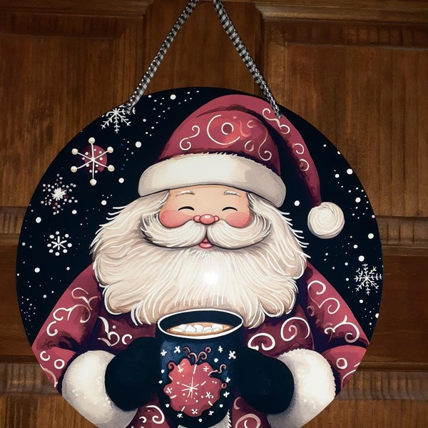 Cute Santa Claus & Hot Cocoa Sign Round Door Hanger Design, Christmas ...
