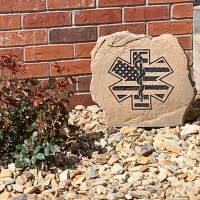 Fireman's Flag Garden Rock Landscape Stone Firefighter Engraved Garden ...